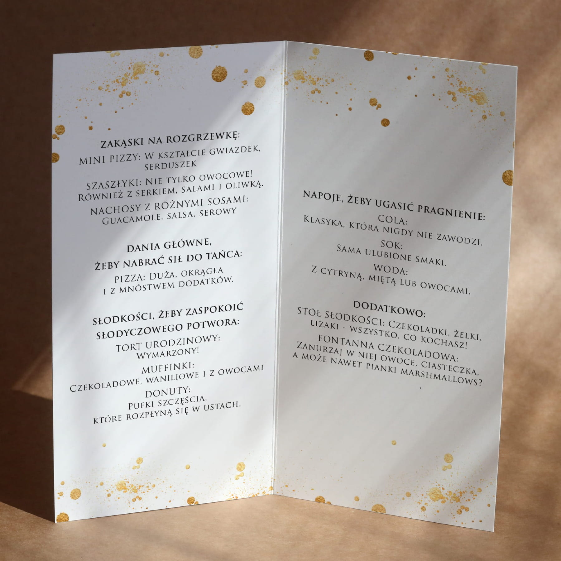 Karty menu na przyjęcie urodzinowe biało-złote - Fotokowalski.pl